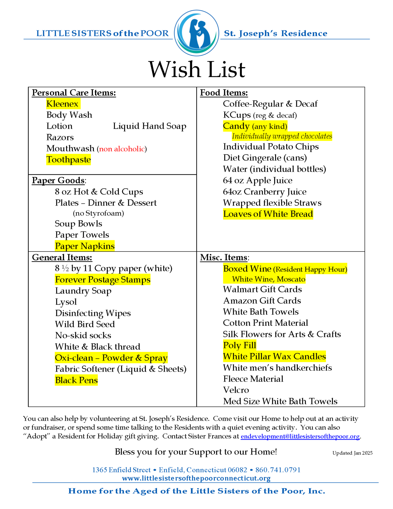 Wish List - Little Sisters of the Poor - Connecticut